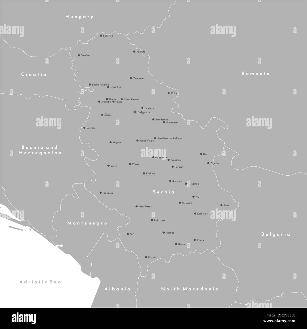 Vector modern illustration. Simplified administrative map of Serbia including Kosovo. Border ...