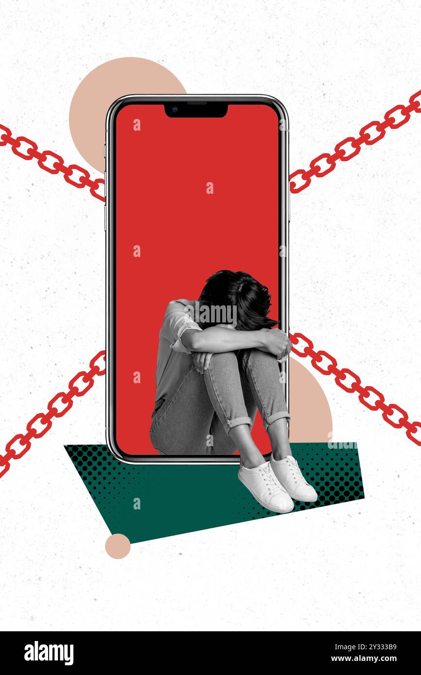 Vertical collage image young depressed woman sit crying smartphone ...