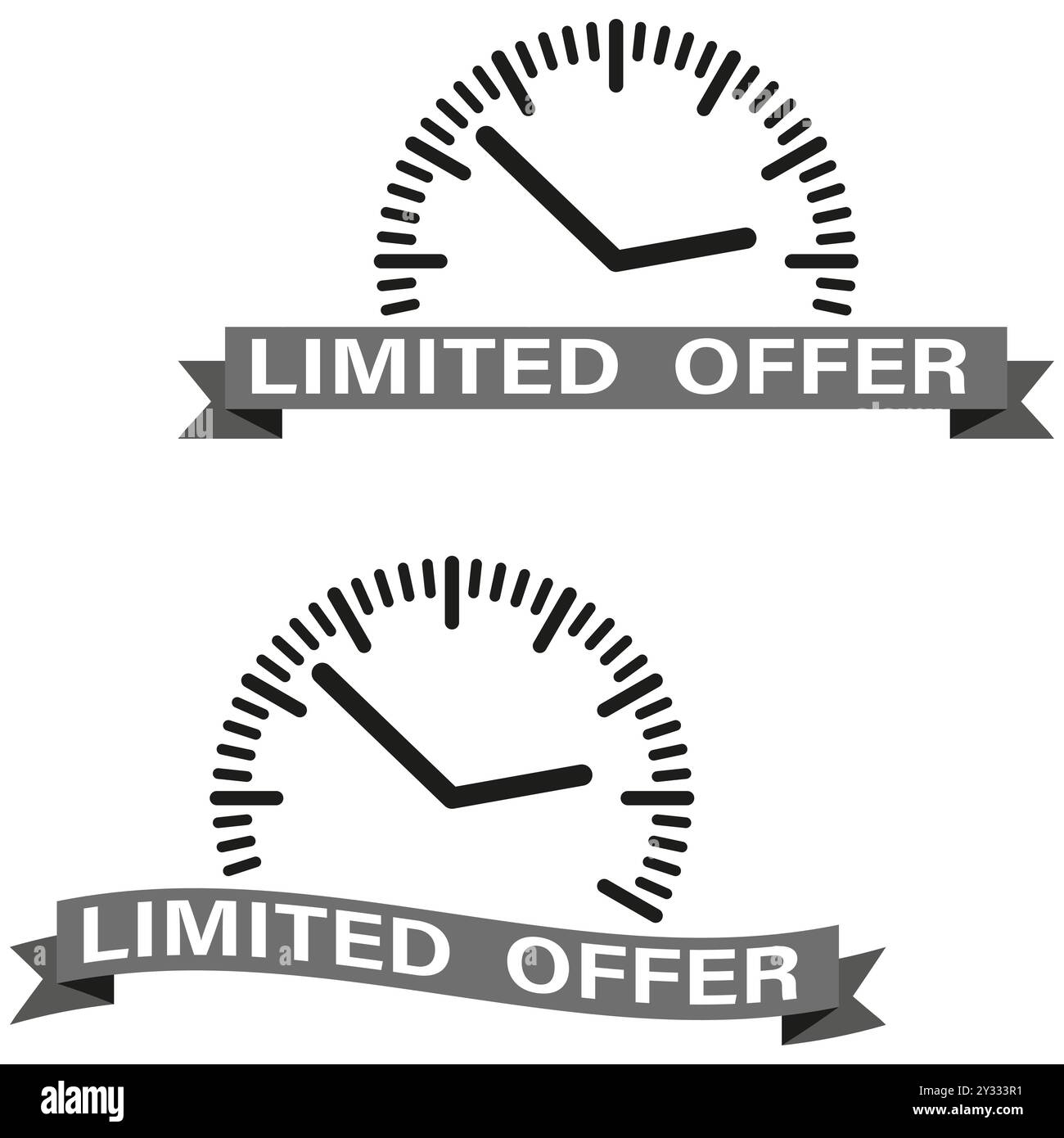 Limited offer text. Clock icon symbol. Bold ribbon banner. Promotional ...