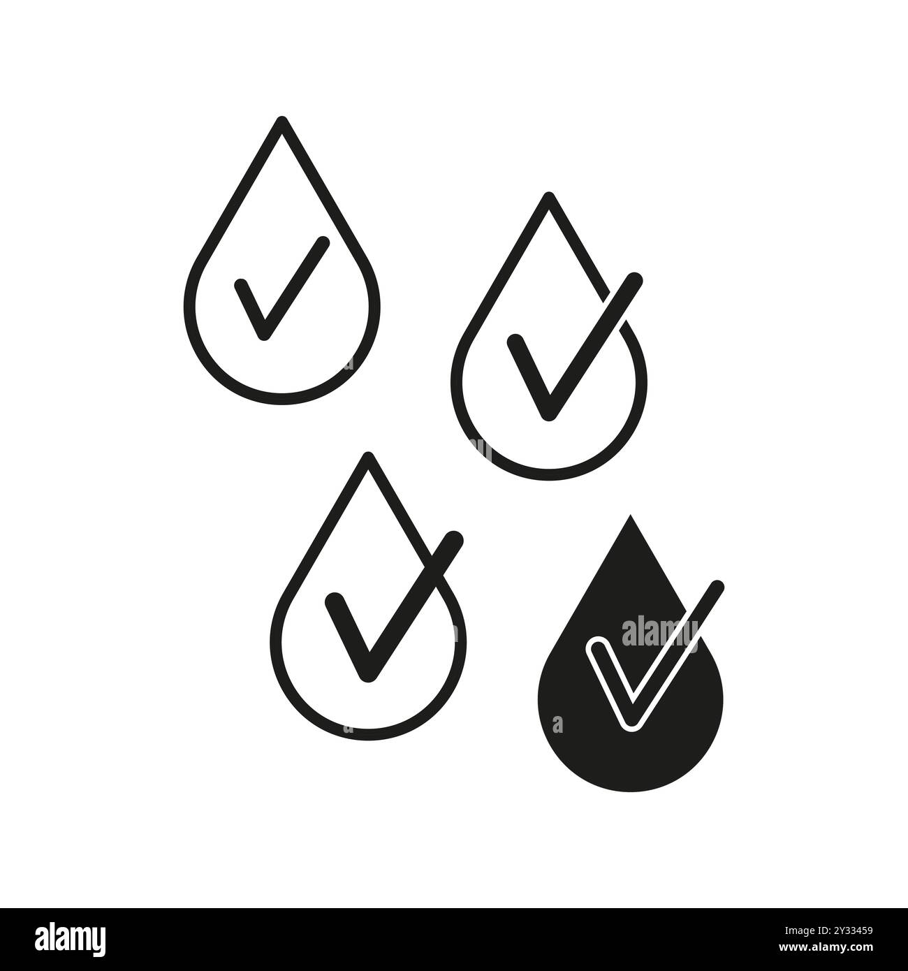 Water drop icon. Checkmark symbol inside. Bold outline element. Black ...