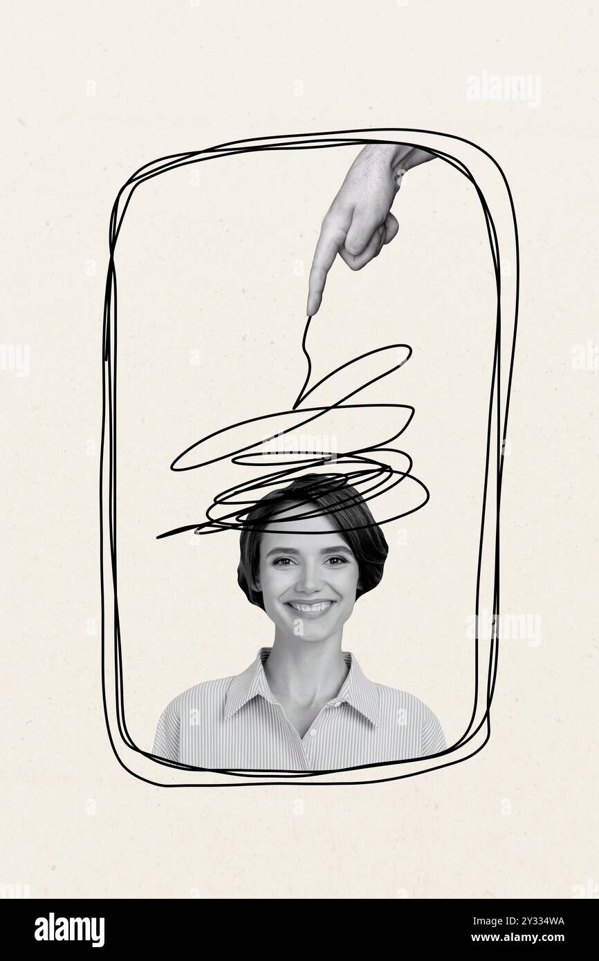 Vertical collage picture profile portrait young cheerful woman smile ...