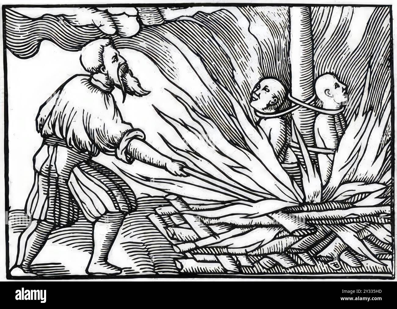 Burning of witches in the 18th century, shaven witches tied to the ...