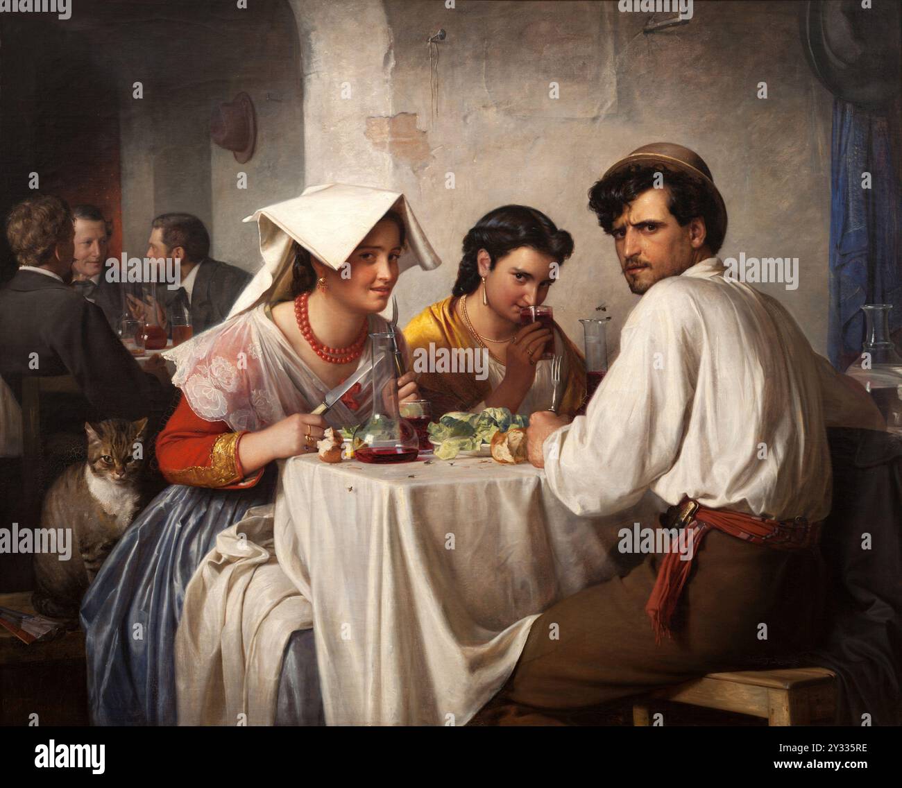 In front of a Roman osteria, man sitting with two women at a table ...