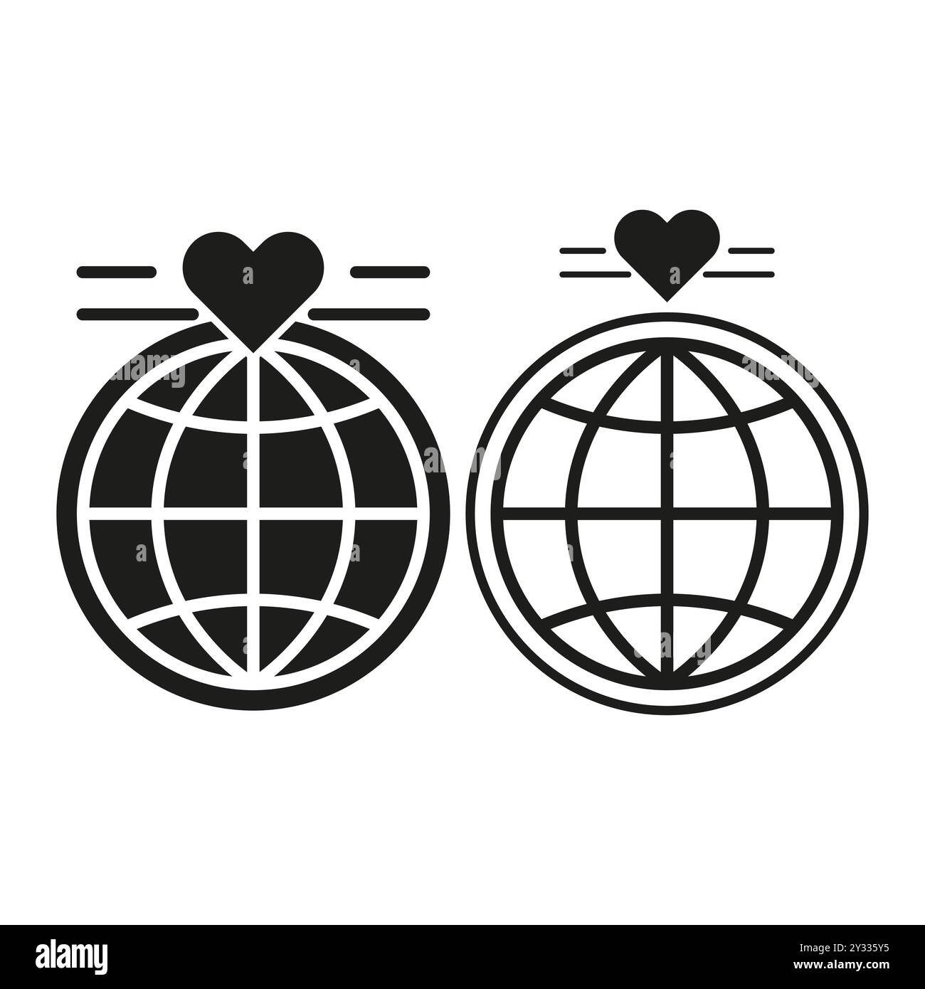 Global love icons. World globe with heart symbols. Vector international ...