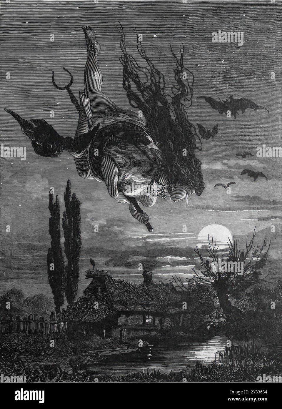 Witch flying through the night on a staff, full moon over a farmhouse ...