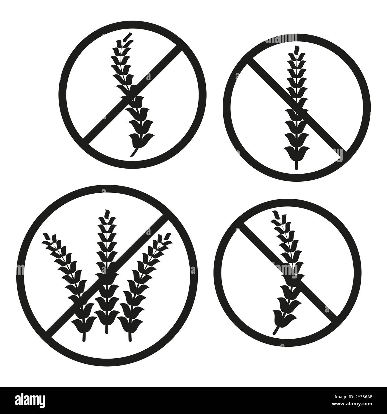 No herbs icon. Four black and white prohibition symbols. Circular signs ...