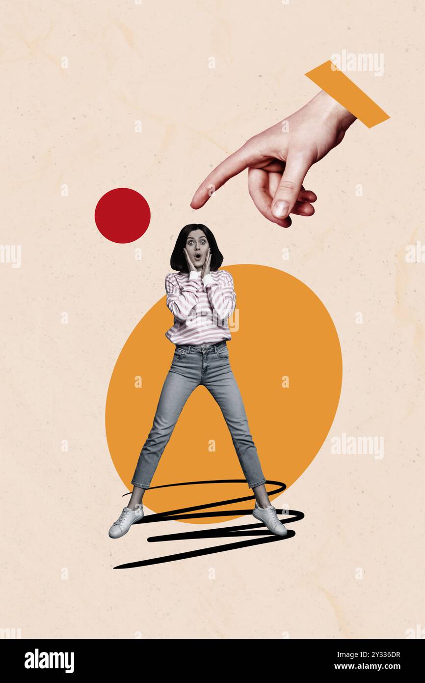 Vertical collage image young shocked girl frustrated reaction hand arm ...