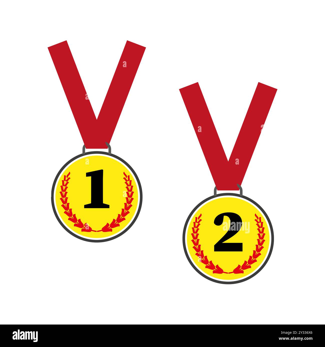 Winner medals vector. First and second place numbers. Red ribbon and ...