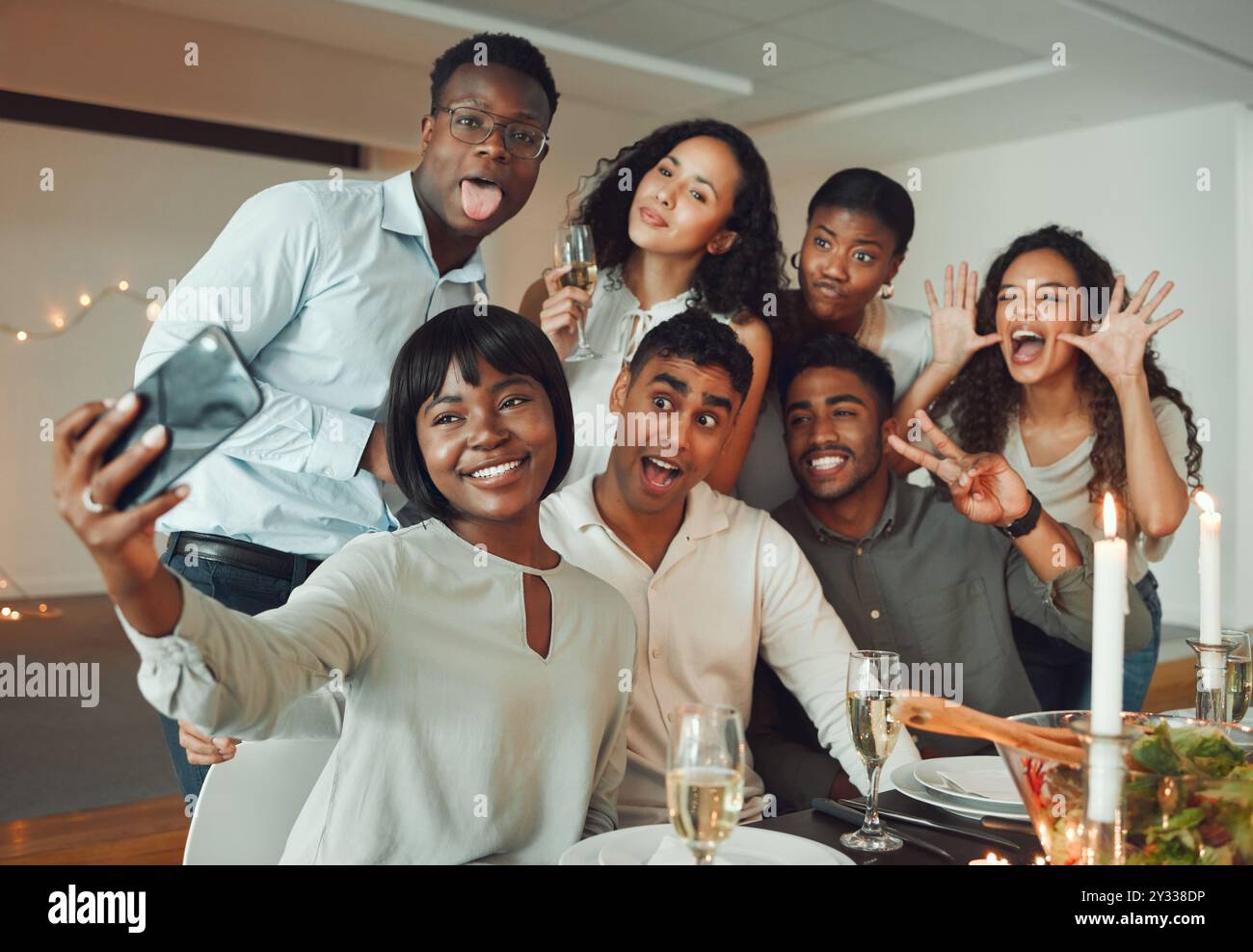 Happy, selfie and office party at work dinner with silly, smile and ...