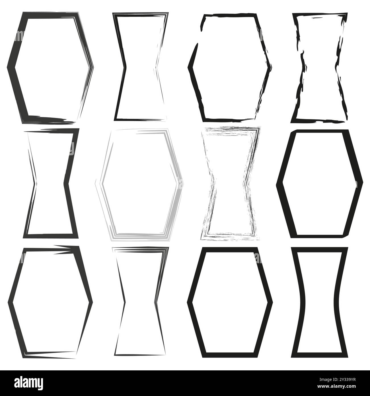 Abstract hexagon shapes. Distorted hexagon outlines. Geometric form variations. Grunge vector ...