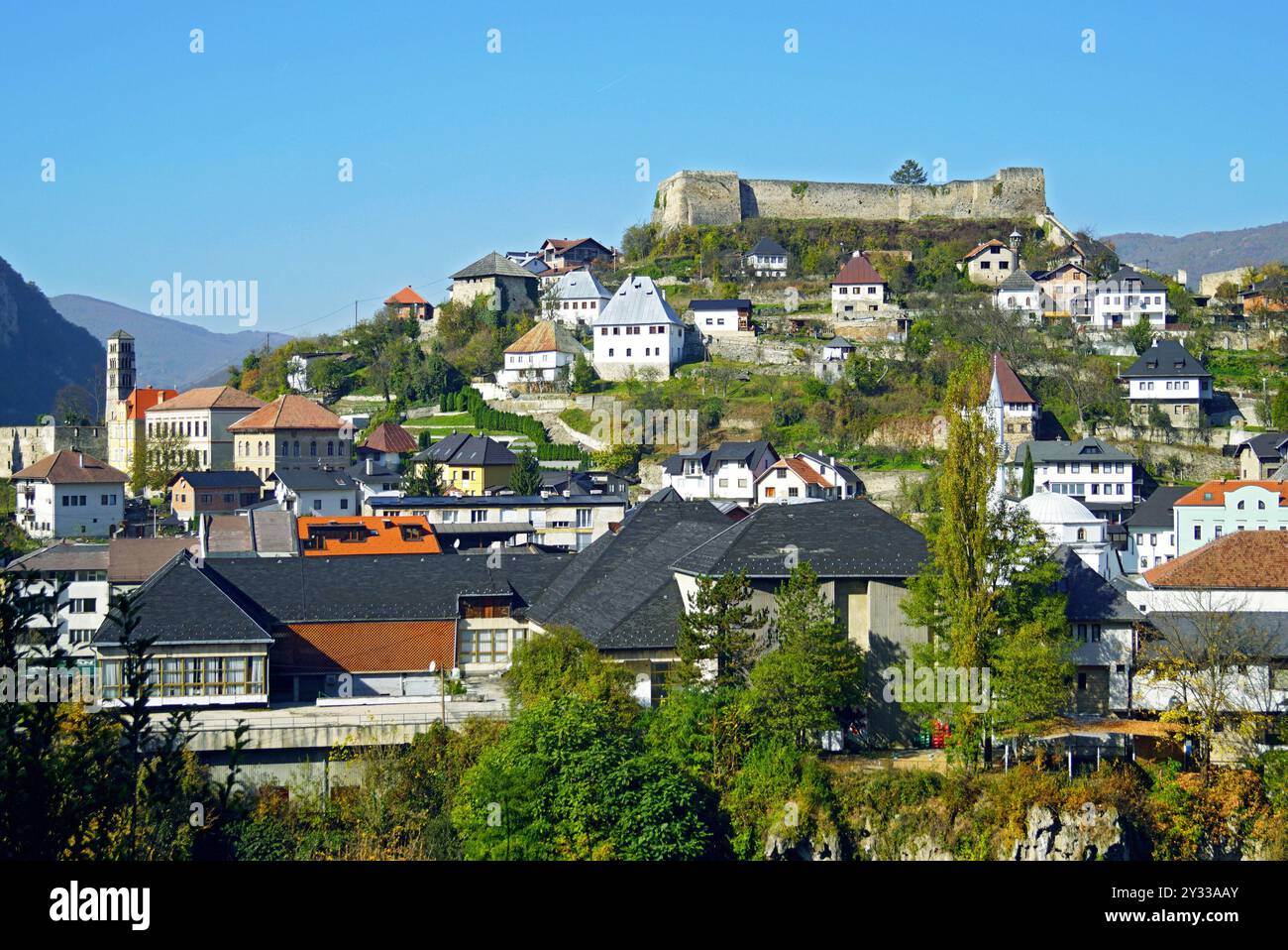 Aerial view of the Old Town of Jajce: buildings in traditional Bosnian ...