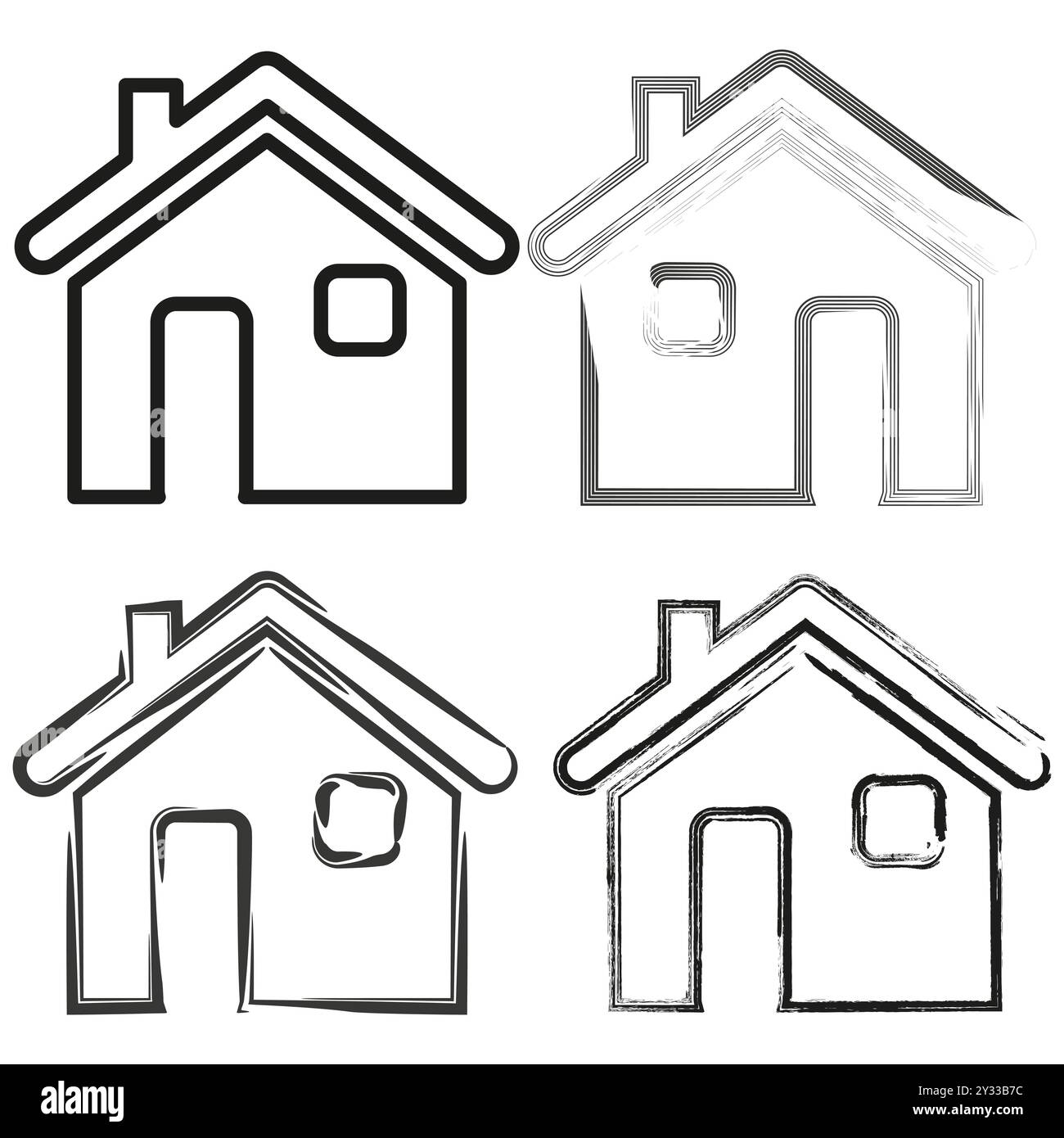 Home icons set. Four hand-drawn house variations. Black and white ...