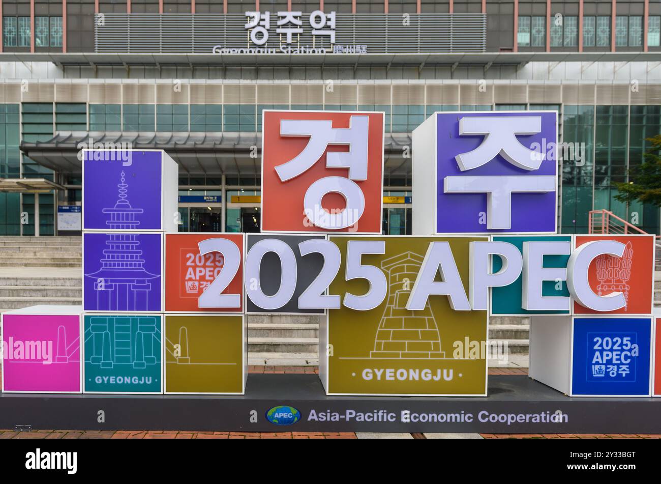 A sculpture is installed in the square in front of Gyeongju Station to announce the hosting of ...