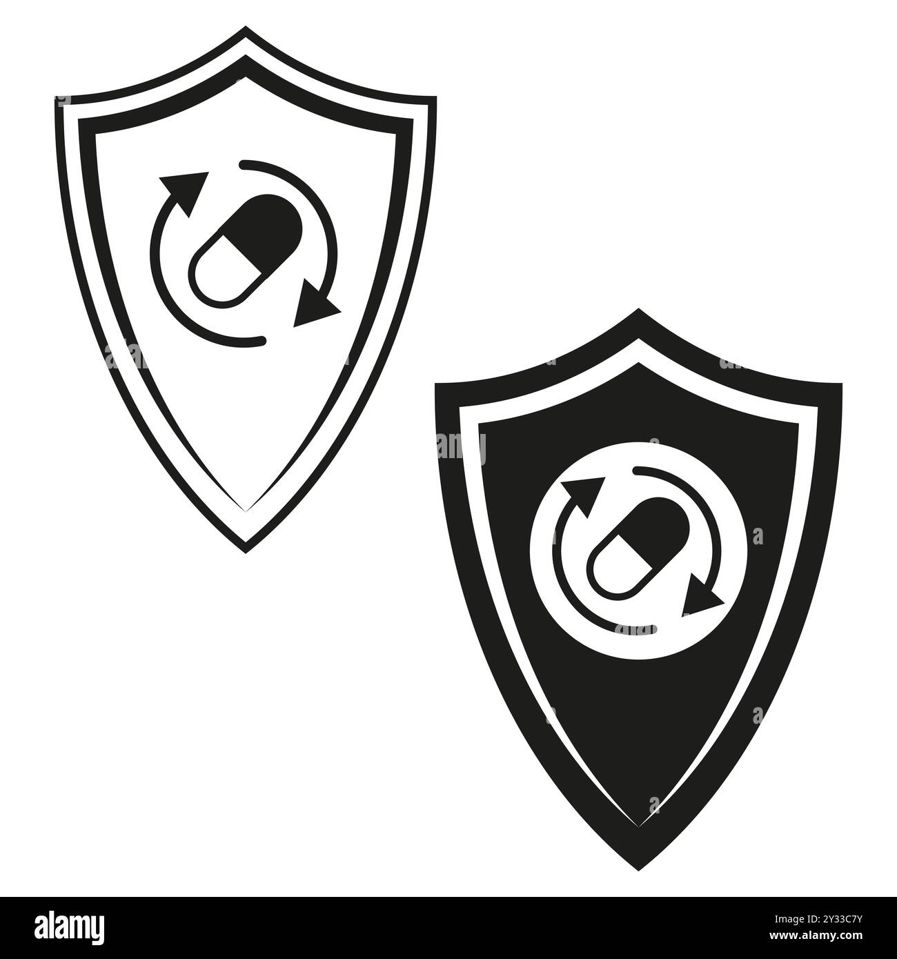 Shield icon protection. Pill symbol center. Circular arrow detail ...