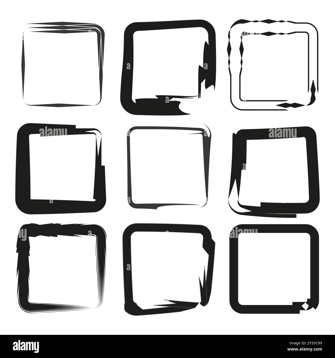 Distorted square frame set. Abstract black shapes. Nine unique variations. Dynamic edgy style ...