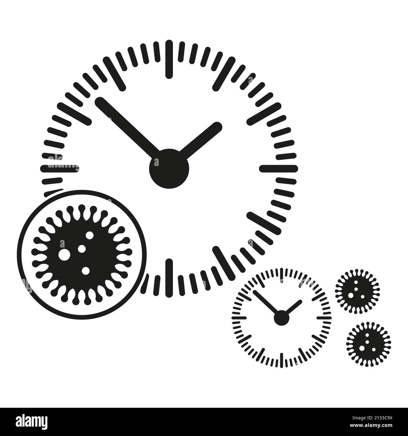 Clock and virus icon. Time and pandemic concept. Black and white design ...