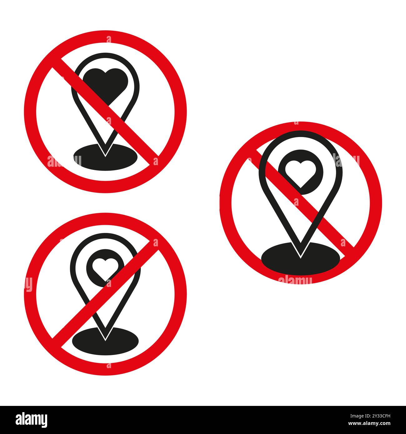 Heart map location ban. Vector prohibition symbol. Black, red, white ...