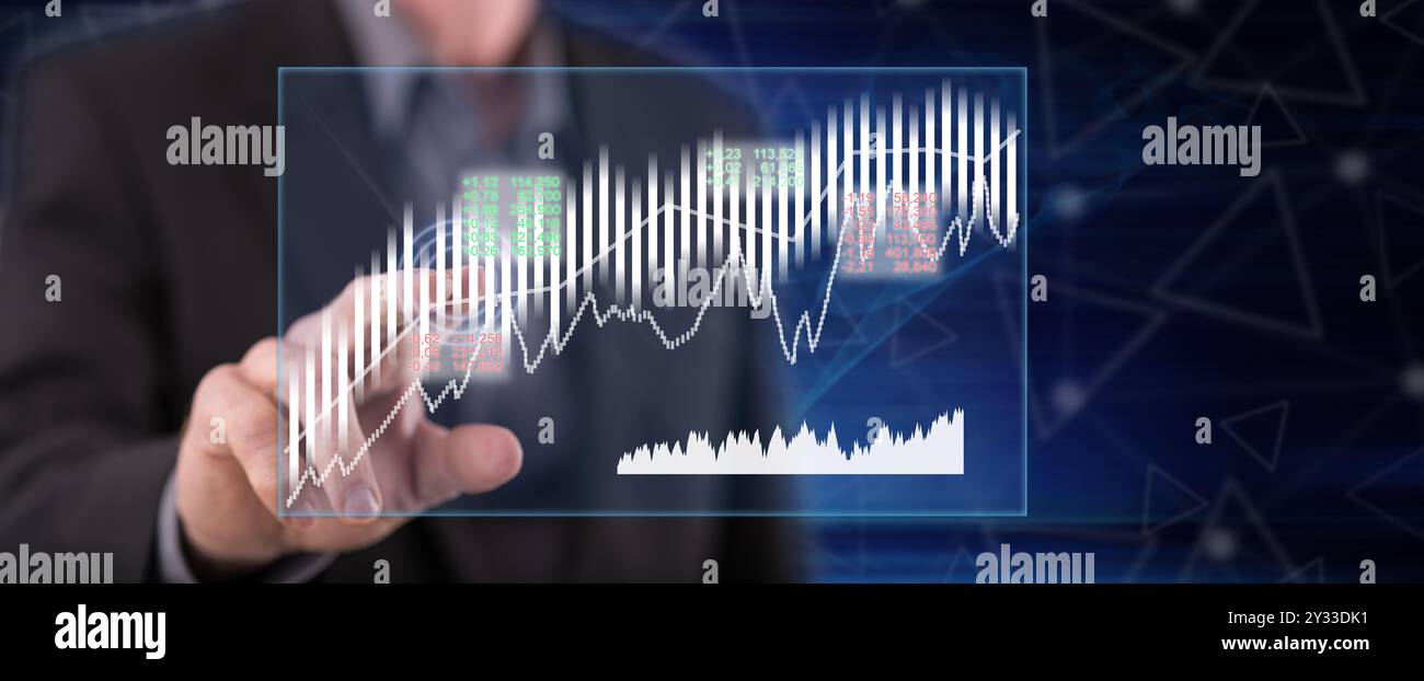 Man touching a stock market concept on a touch screen with his finger ...