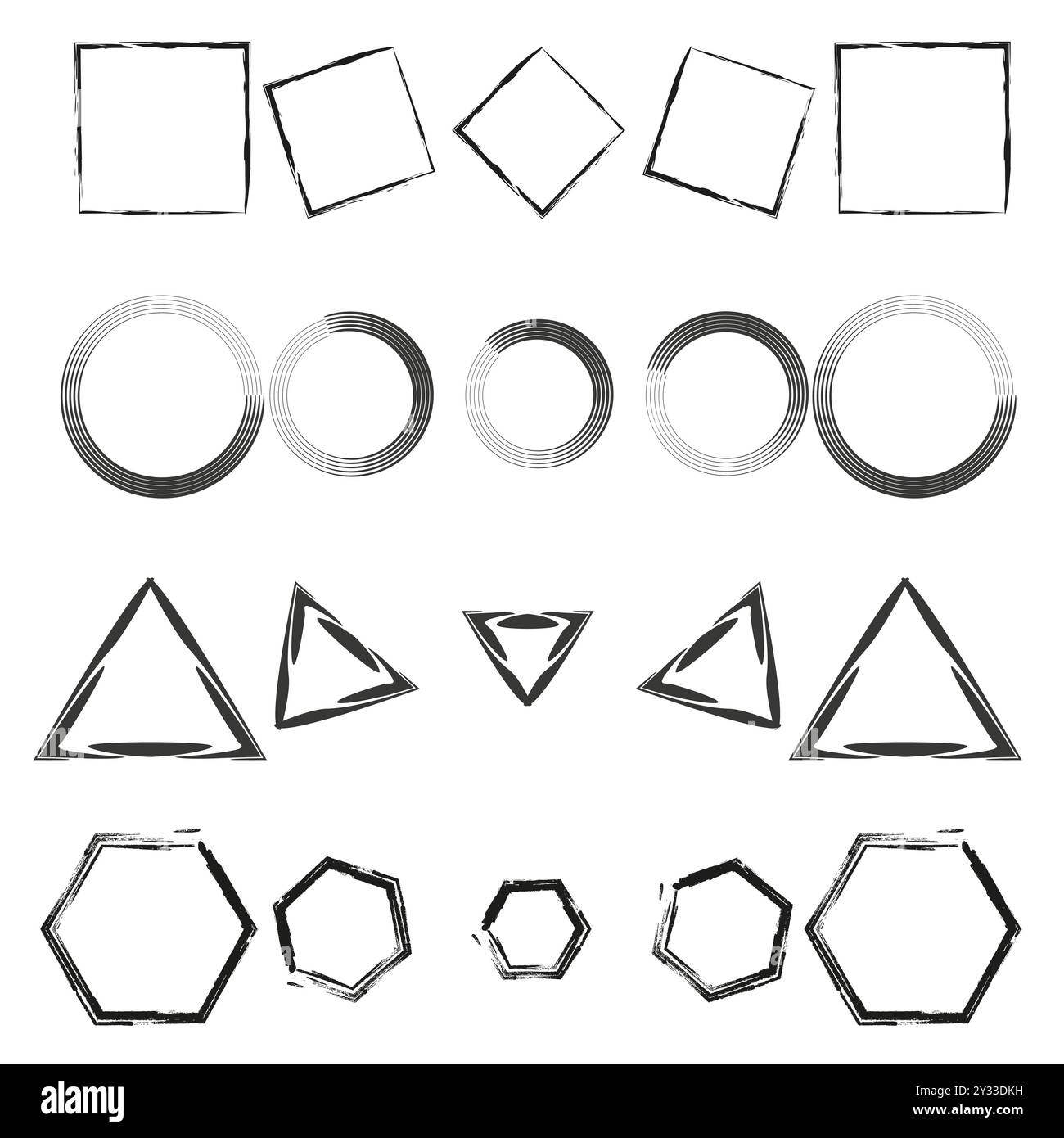 Geometric shapes set. Rough square, circle, triangle, hexagon. Hand ...