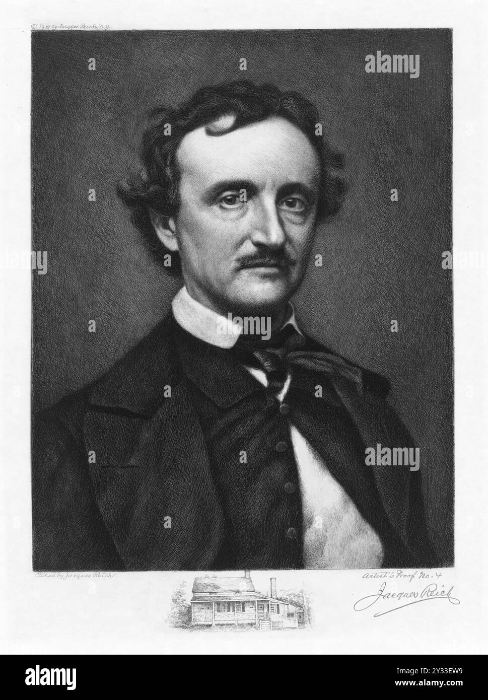 Edgar Allan Poe etching by Jacques Reich, 1919 - black and white ...