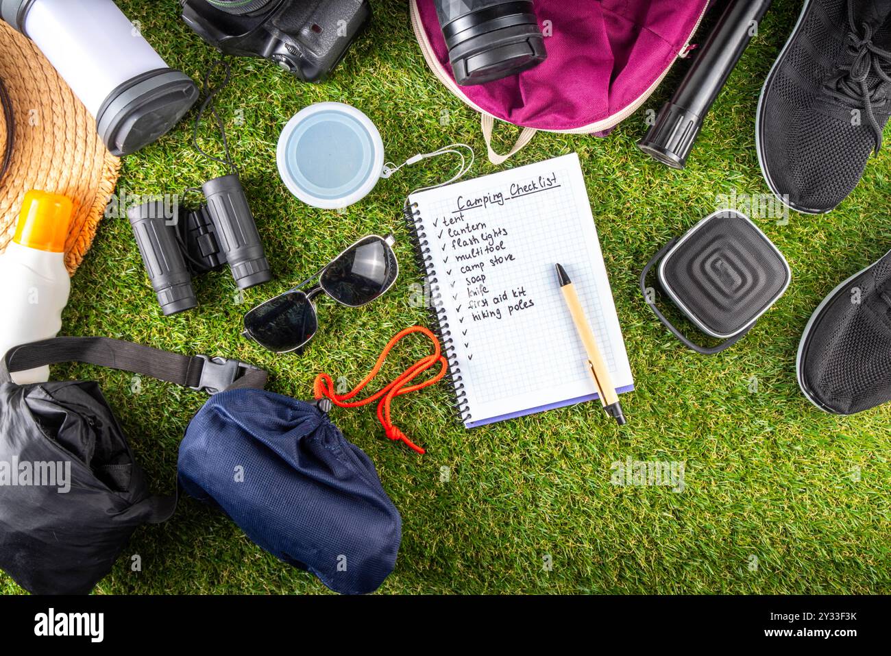 Camping checklist with various camp equipment. List of things for ...