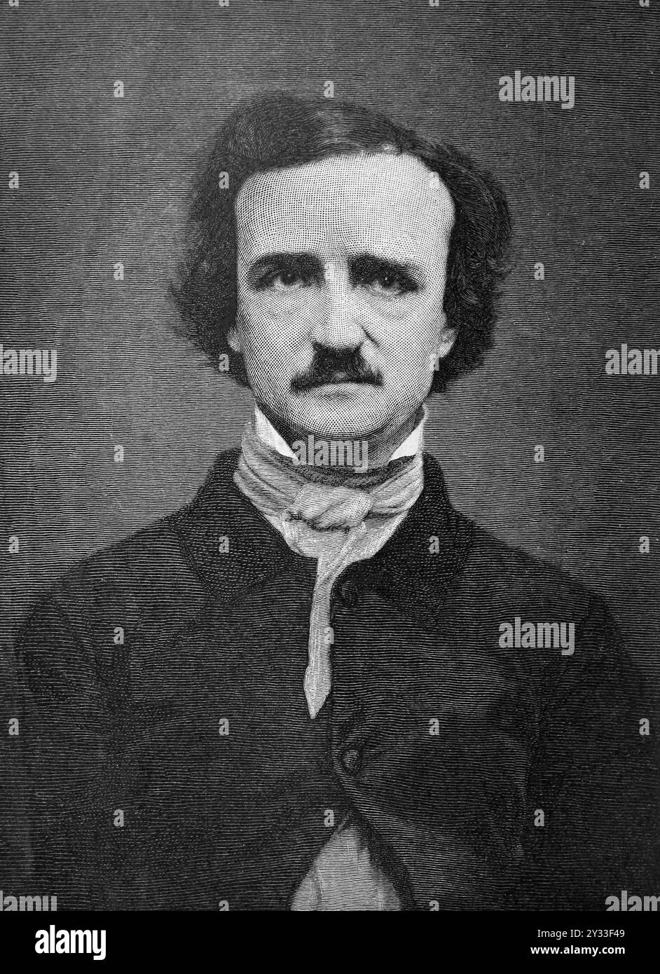 Wood engraving of Edgar Allan Poe, a meticulously rendered version of ...