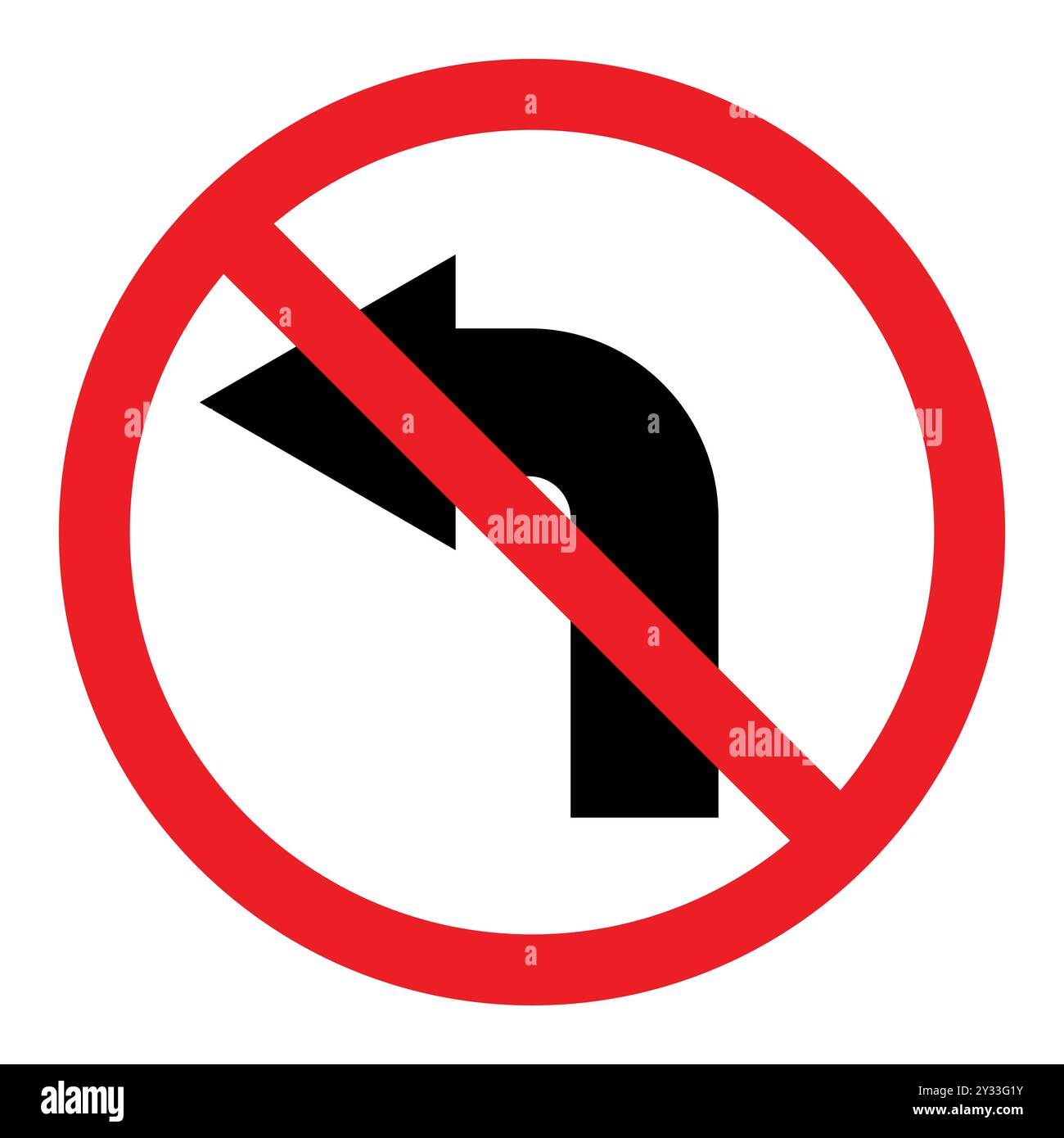 No left turn sign symbol, prohibitory traffic sign, red crossed out circle symbol with arrow ...