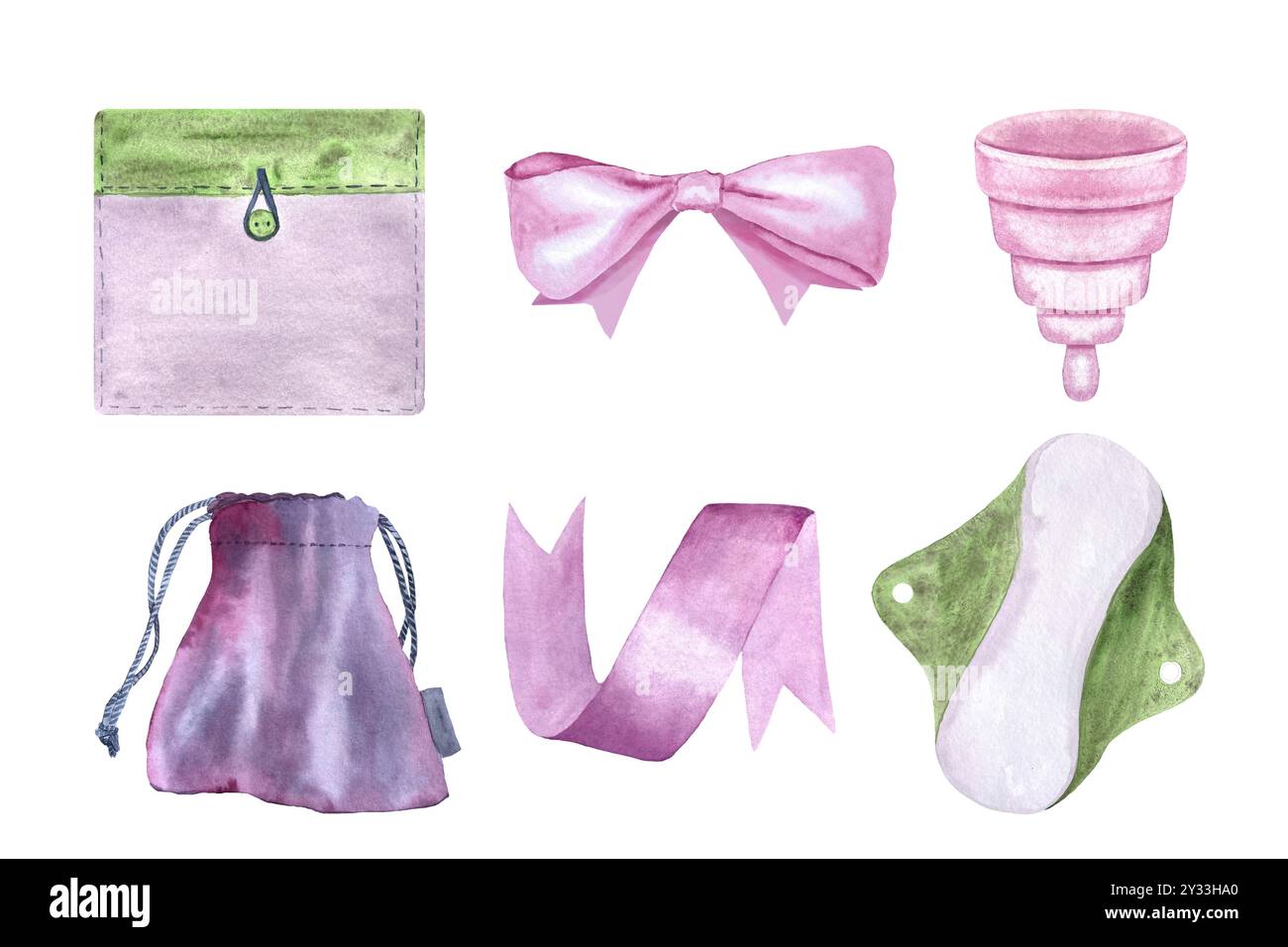 A menstrual cup, a period pad, a fabric pouch and ribbons watercolor ...