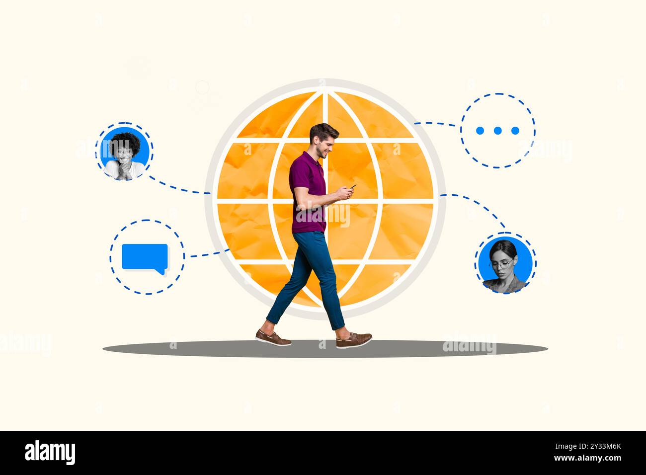 Creative collage young man walk world browser internet connection ...