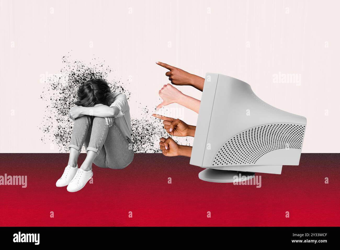 Composite photo collage of upset girl put down head hug knee hands peek ...