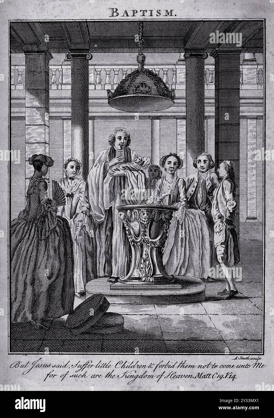 A baptism ceremony takes place inside an Anglican church, featuring a priest and family gathered ...