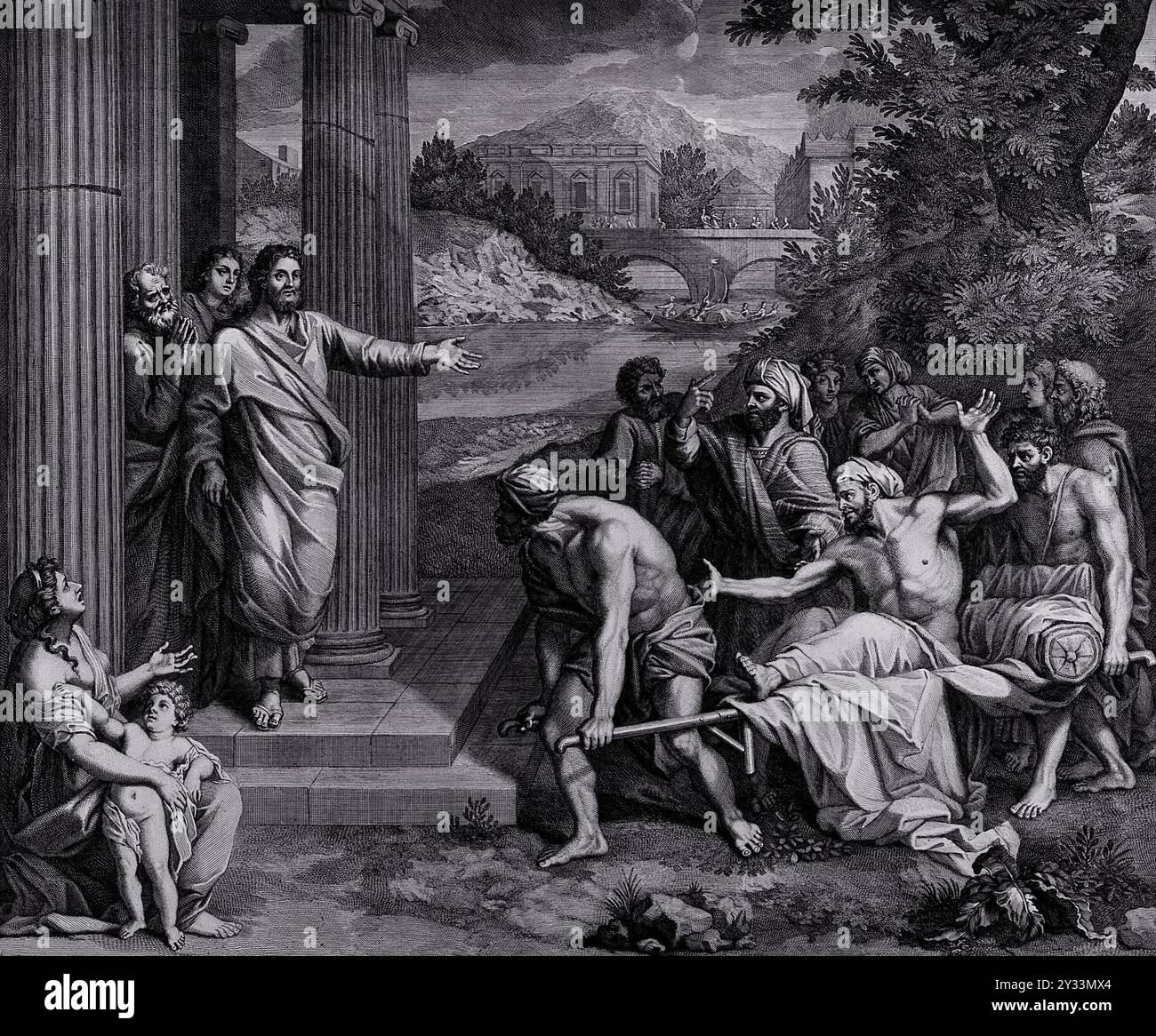 Christ performs the miraculous healing of a paralytic, drawing ...