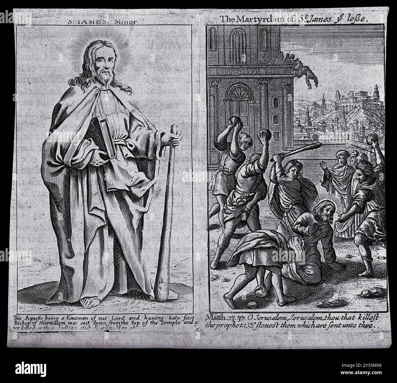This engraving portrays the martyrdom of Saint James the Less, showing ...