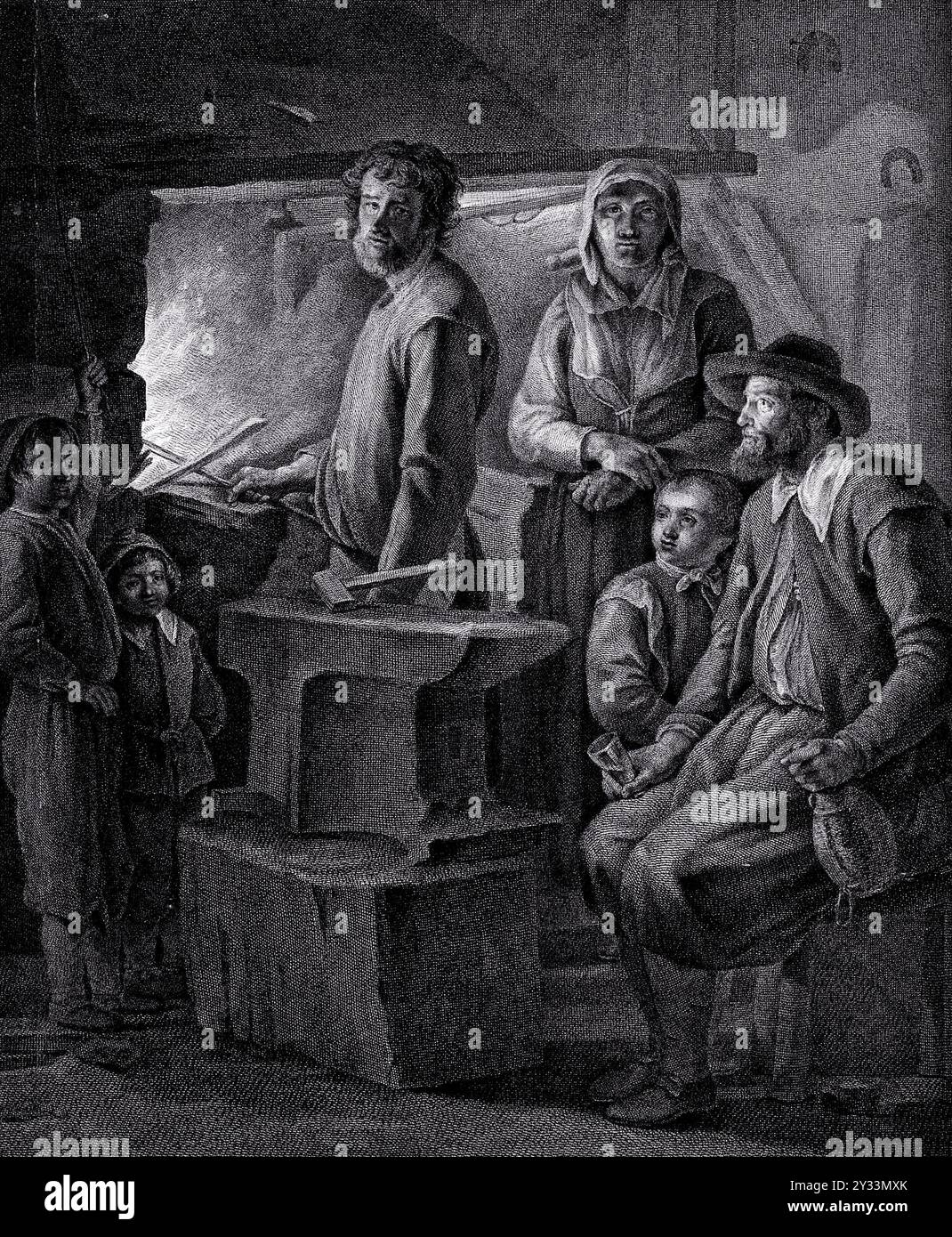 A family grouped around a blacksmith's anvil as he holds his tools in ...
