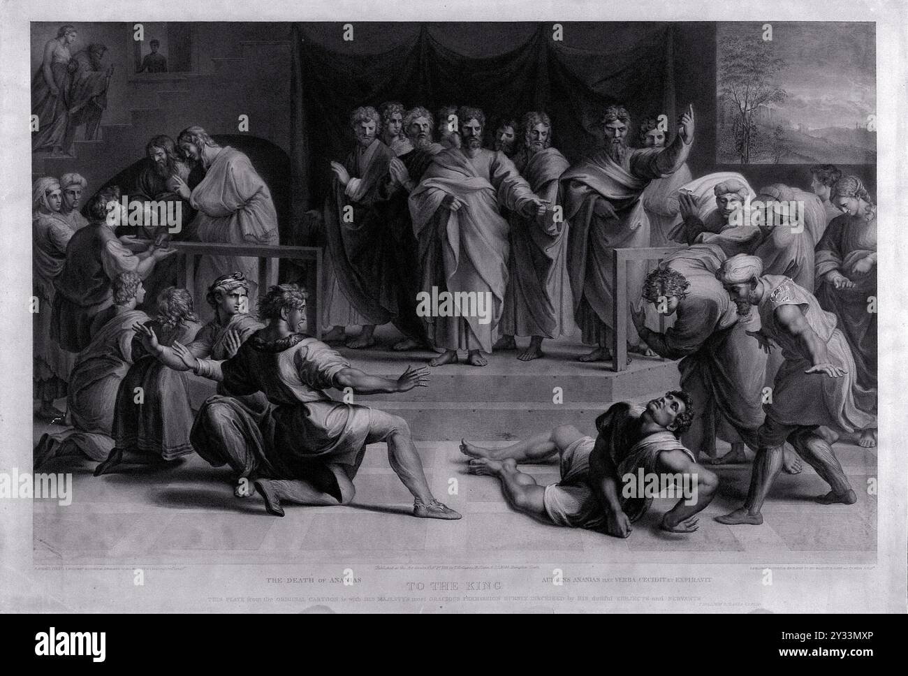 Ananias's death in front of apostles, engraving featuring figures and ...