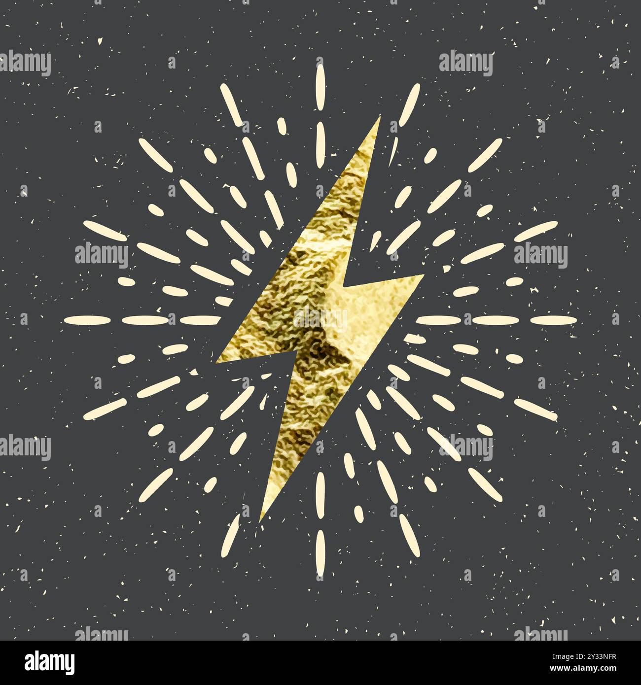 Vintage golden lightning bolt and sun rays. Gold foil texture ...