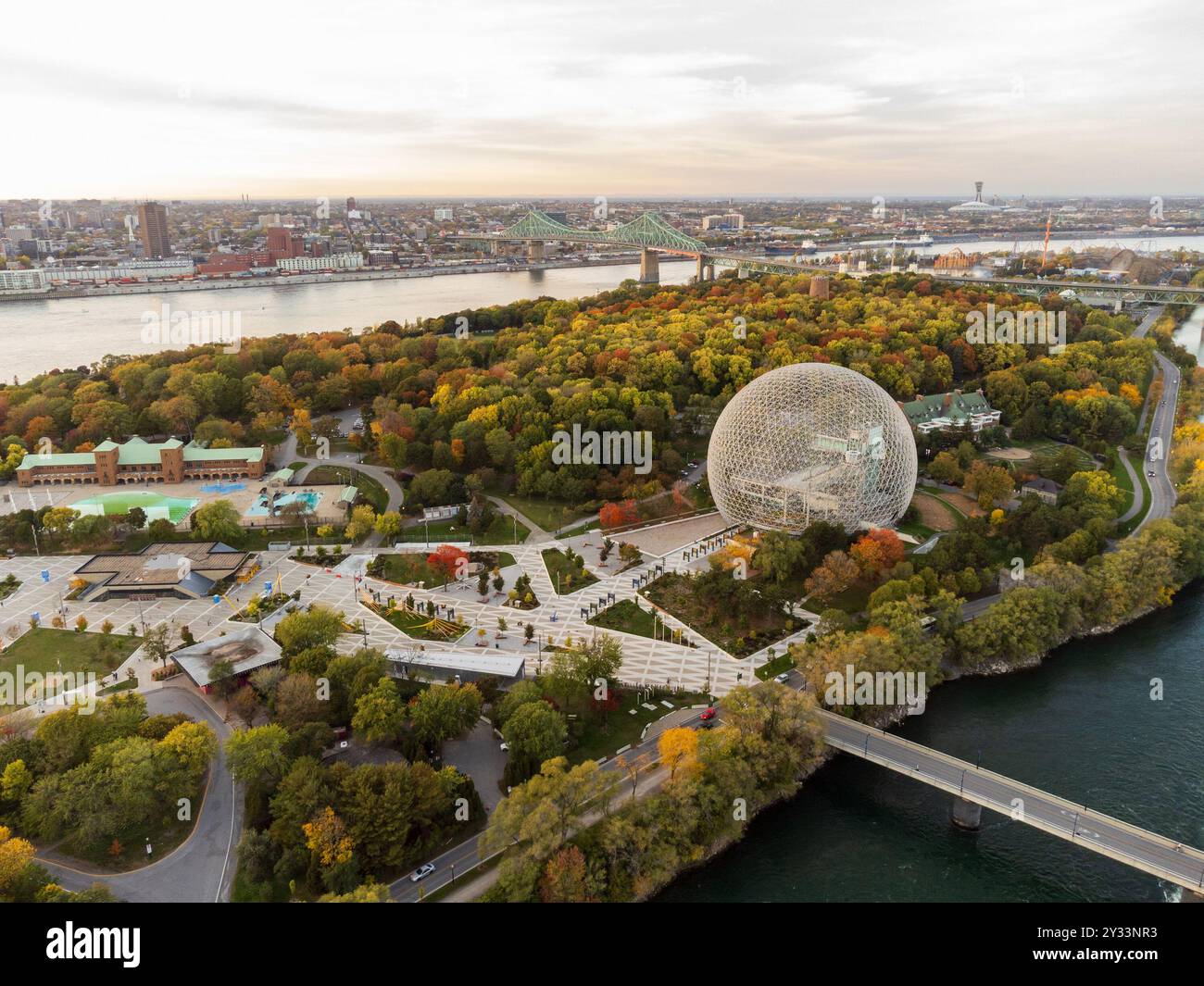 Aerial view of Montreal Biosphere in autumn sunset time. St. Lawrence ...