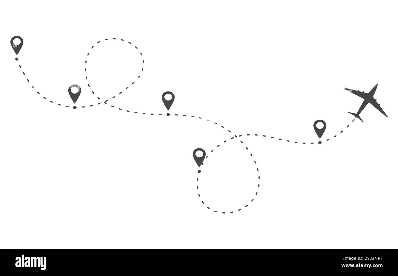Plane timeine trail dashed line with pin. Infographic destination work ...
