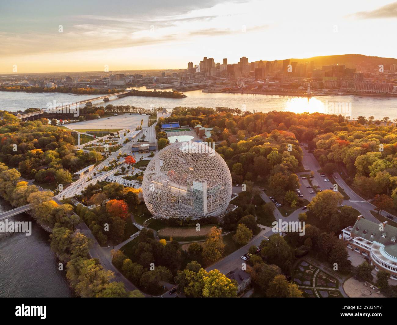 Aerial view of Montreal Biosphere in autumn sunset time, Jean-Drapeau ...
