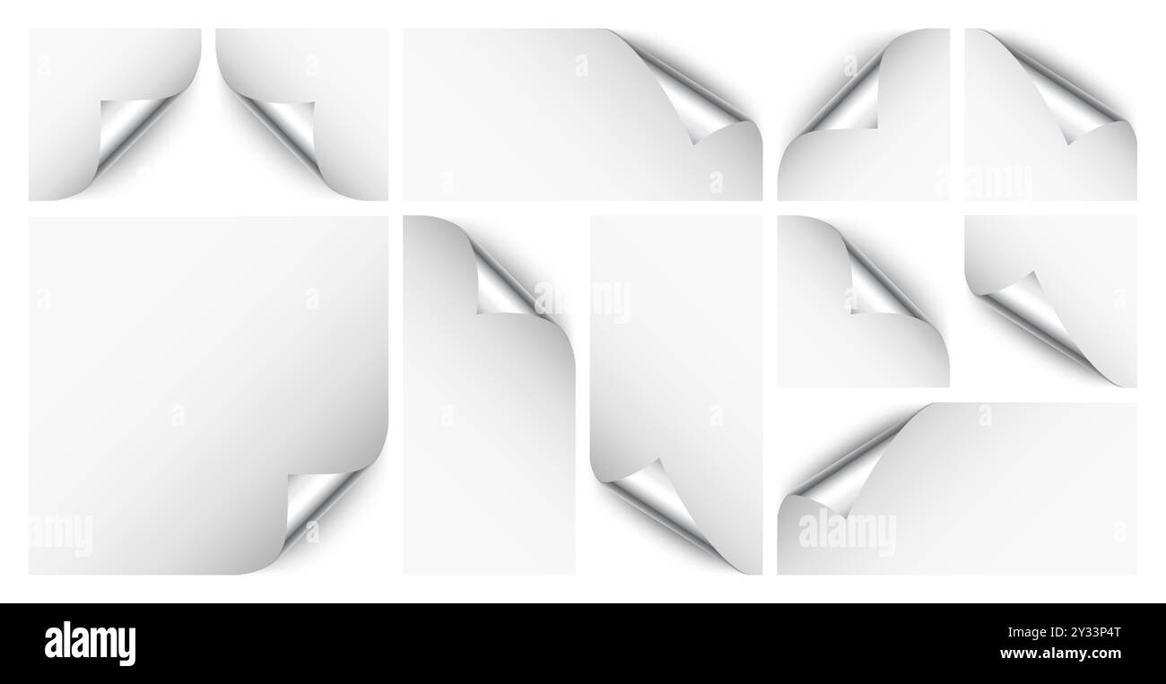 Realistic silver curled page corner set. Greeting card design element ...