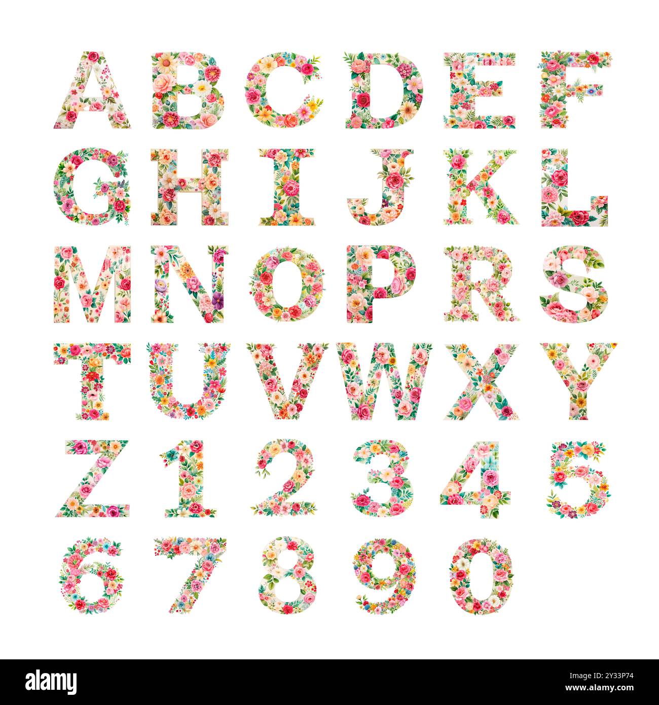 Floral alphabet on white, transparent background. Painted alphabet ...