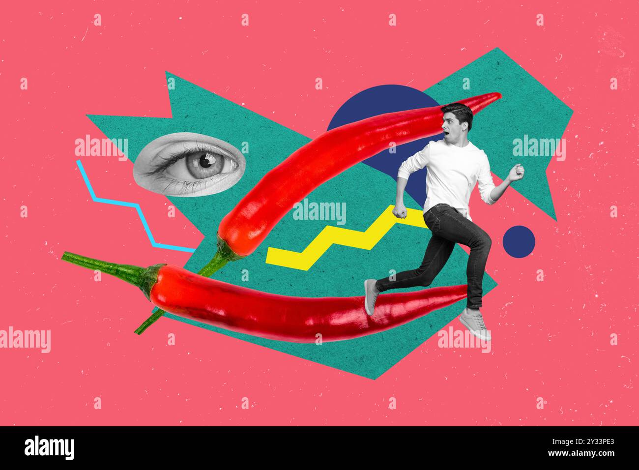 Creative drawing collage picture of funny man running pepper chilli ...