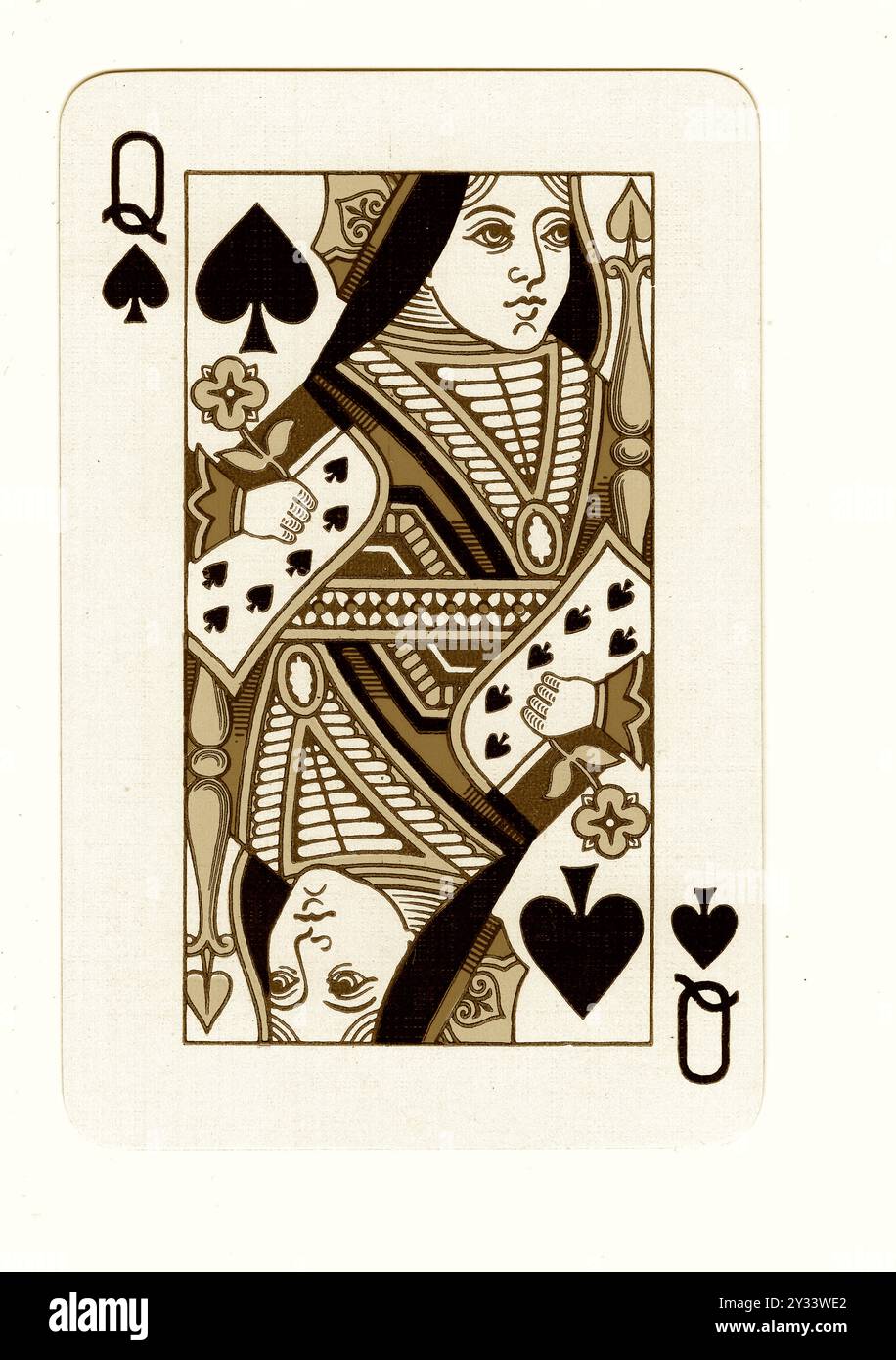 A vintage queen of spades playing card in sepia on a pale cream ...