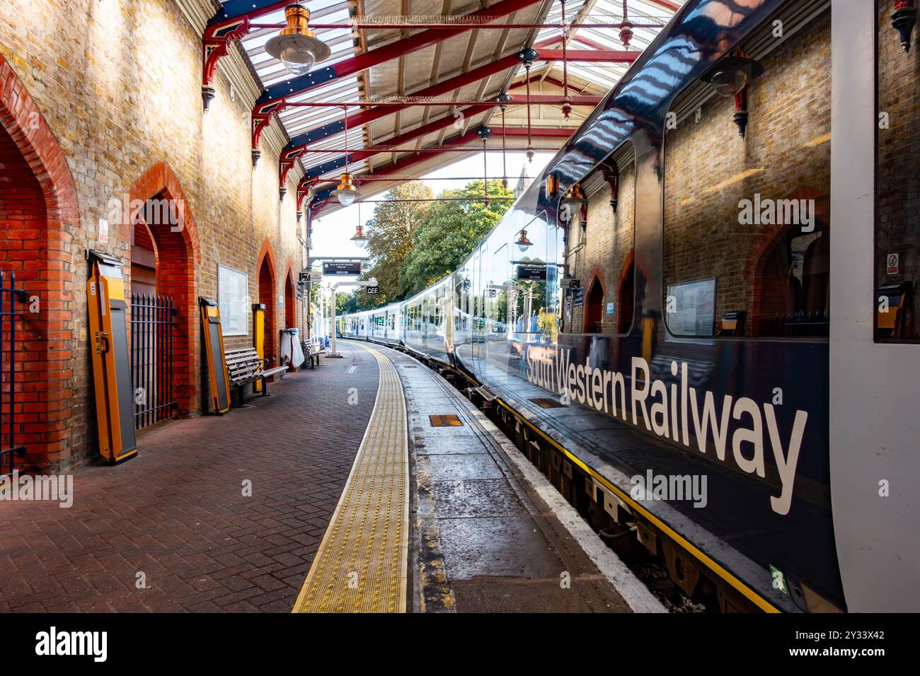 A South Western Railway train sits at the platform at Windsor and Eton ...