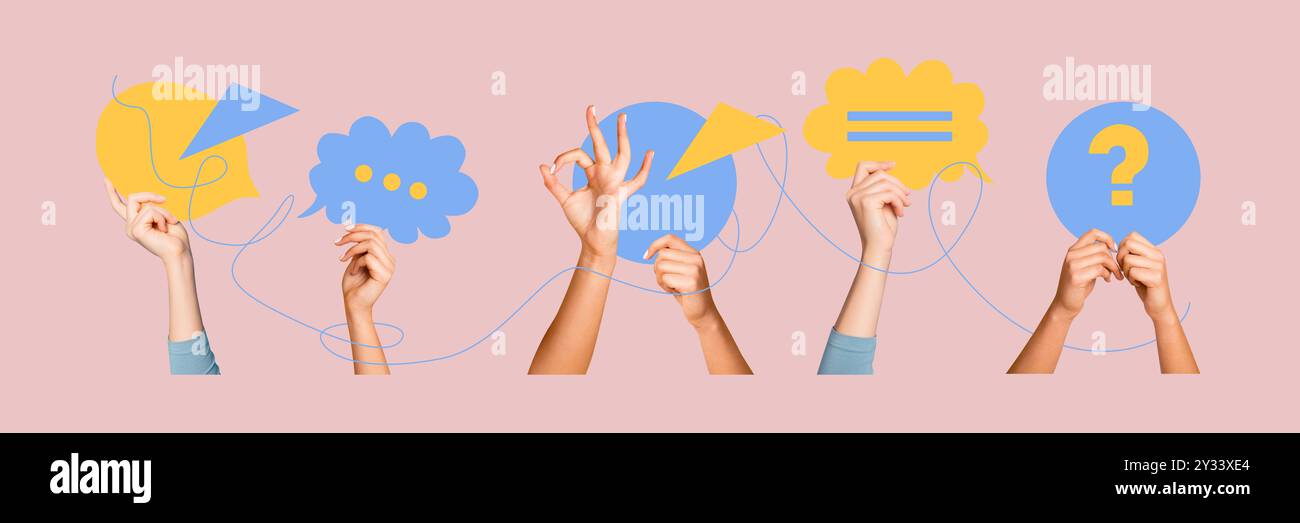 Composite panoramic collage of hands hold text box communication bubble ...