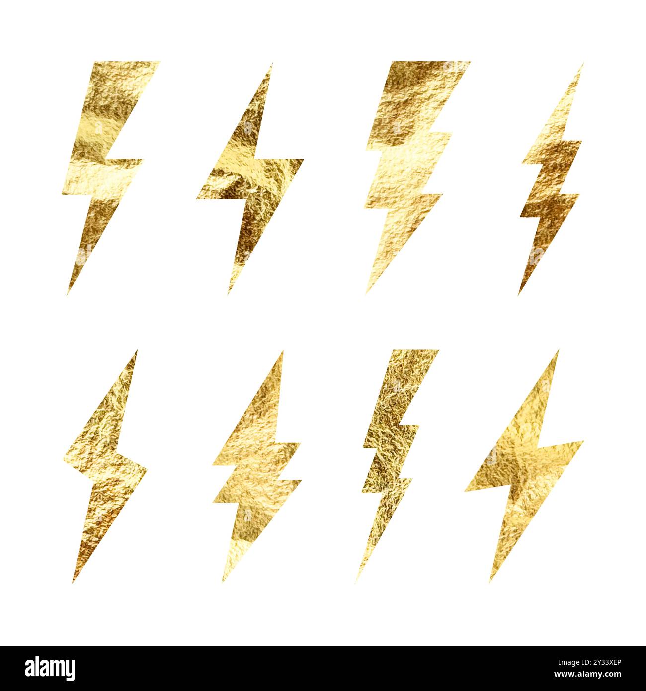 Golden lightning bolt icons collection. Gold foil texture. Flash symbol ...