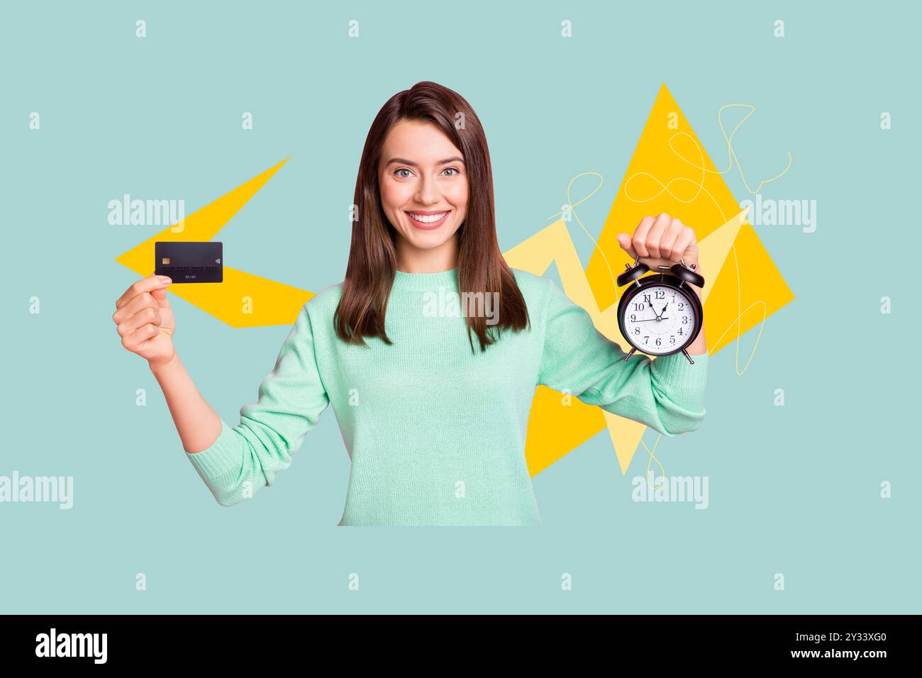 Photo collage artwork minimal picture of happy smiling lady rising ...