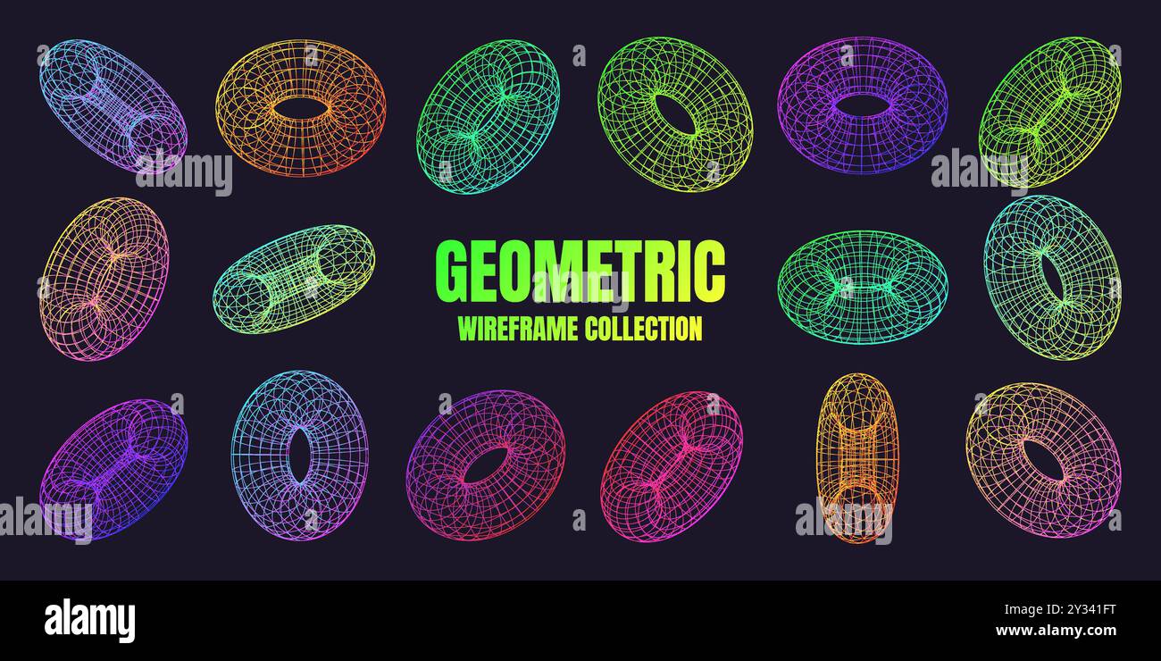 Neon lined wireframe shapes. Perspective mesh, 3d grid. Low poly ...