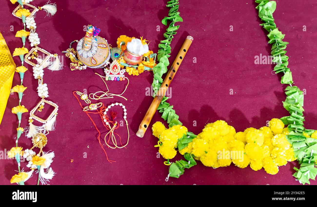 hindu god krishna holy peacock feather and flute indoor shot from ...