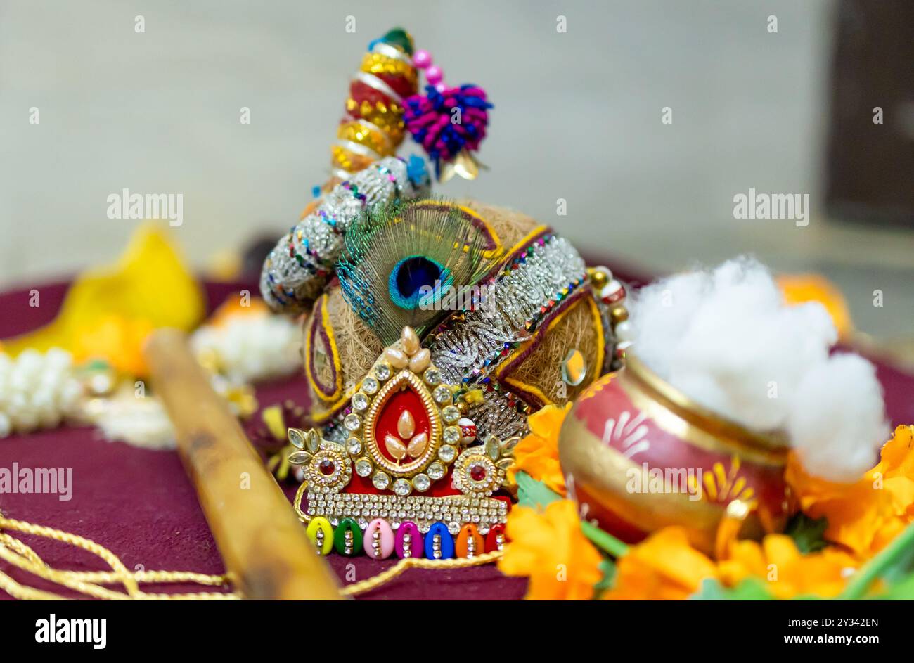 hindu god krishna holy peacock feather and flute indoor shot from ...